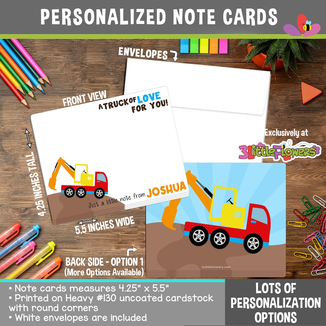 Digger Truck Note Cards - Set of Personalized Note Cards - 4.25 X 5.5 ...