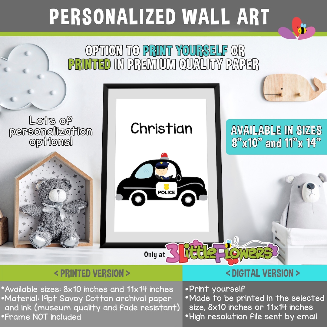 Boy Police Officer Wall Art - Personalized Premium Art Nursery Print ...