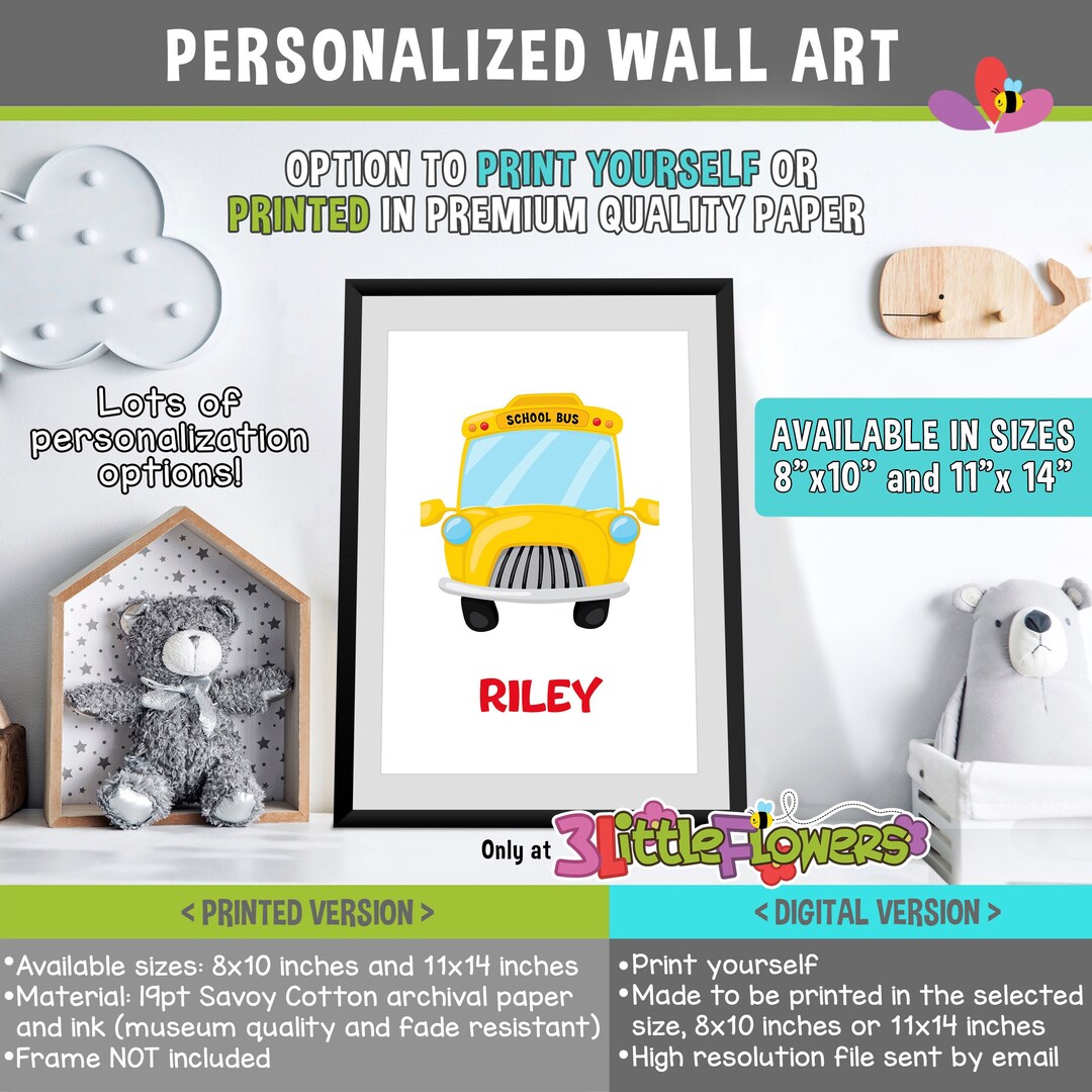 School Bus Wall Art - Personalized Premium Art Nursery Print ...