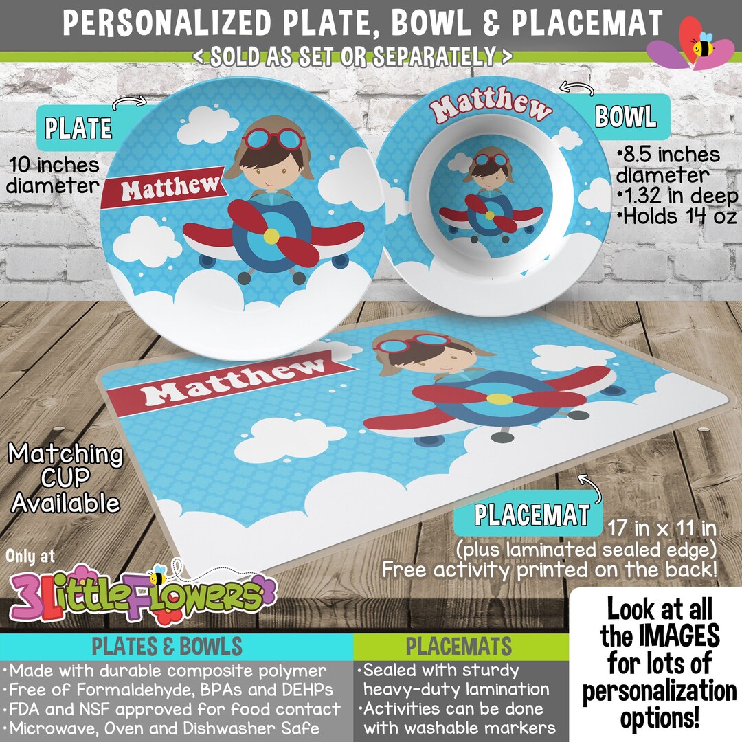 Boy Pilot Plate and Bowl Set - Personalized Plastic Children Plate ...