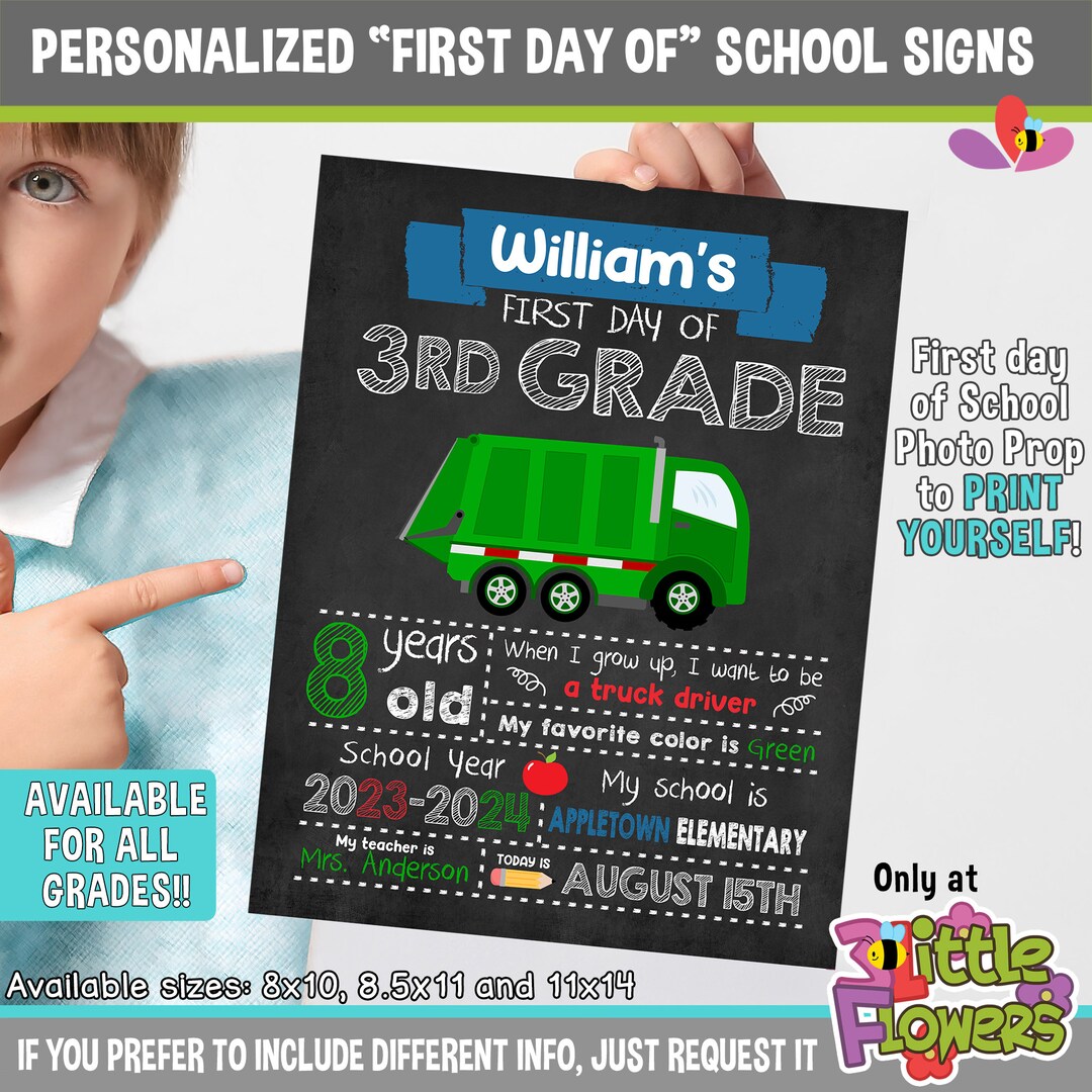 Trash Truck Personalized First Day of School Sign - Printable First Day ...
