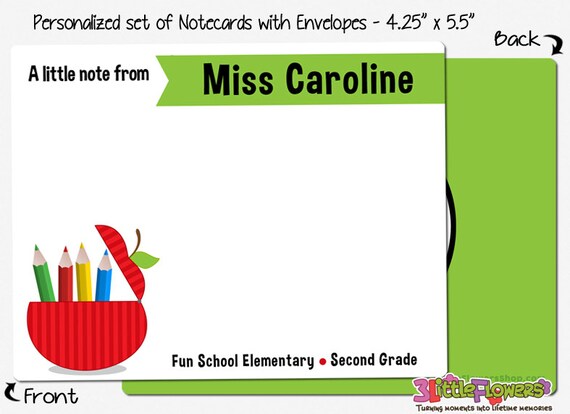Teacher Note Cards - Set of Personalized Note Cards - Double-Sided and ...