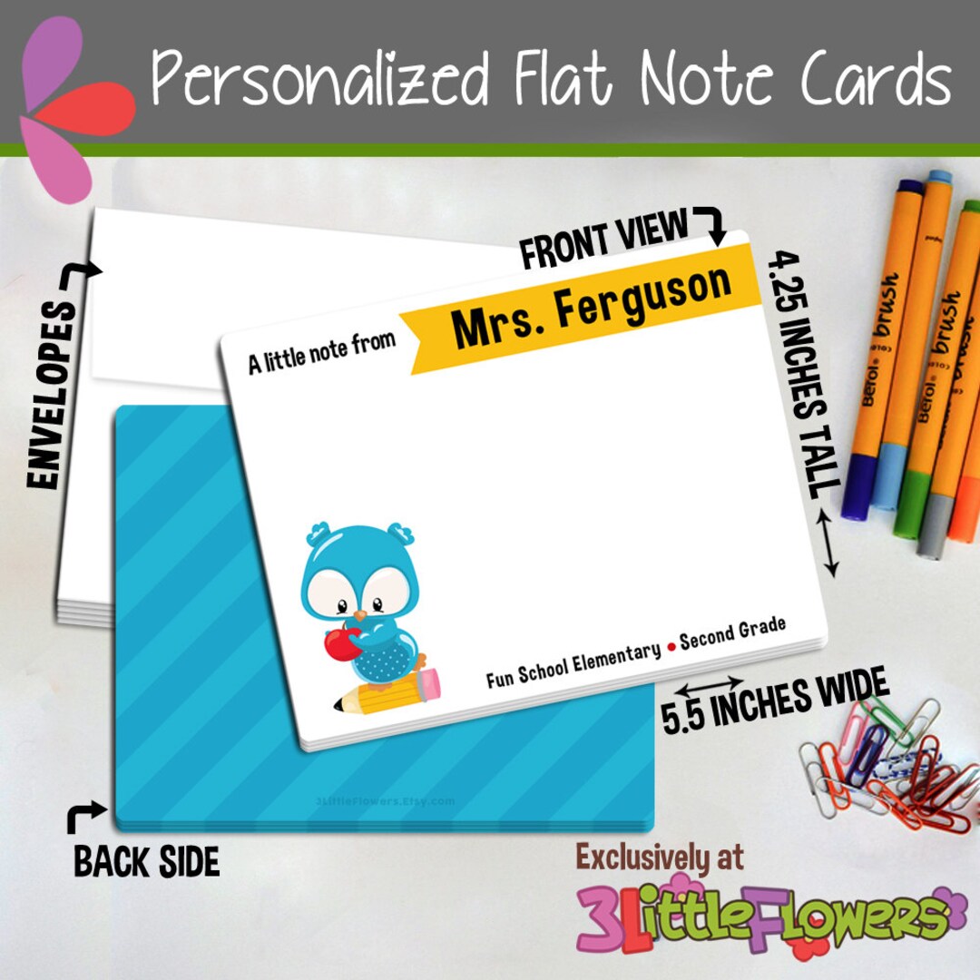 Owl Teacher Note Cards - Set of Personalized Note Cards - Double-sided ...