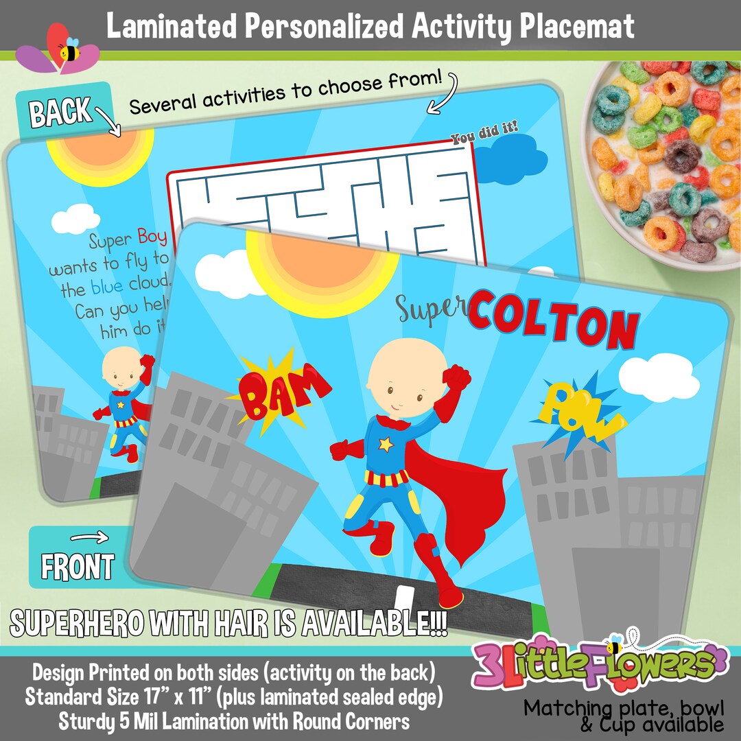 Personalized Bald Superhero Placemat - Personalized Placemat for Kids ...