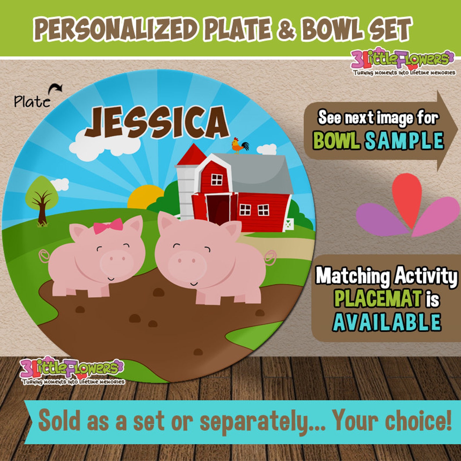 Pig Plate and Bowl Set Personalized Plastic Plate and Cereal - Etsy