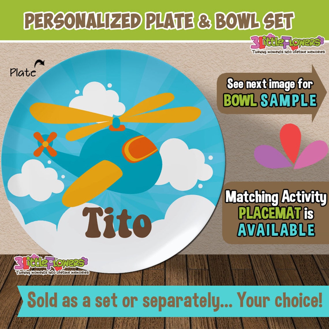 Personalized Helicopter Plate and Bowl Set Personalized - Etsy