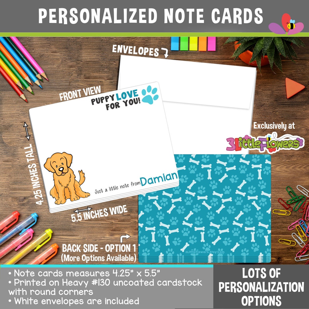 Puppy Note Cards - Set of Personalized Note Cards - 4.25” X 5.5” Double ...