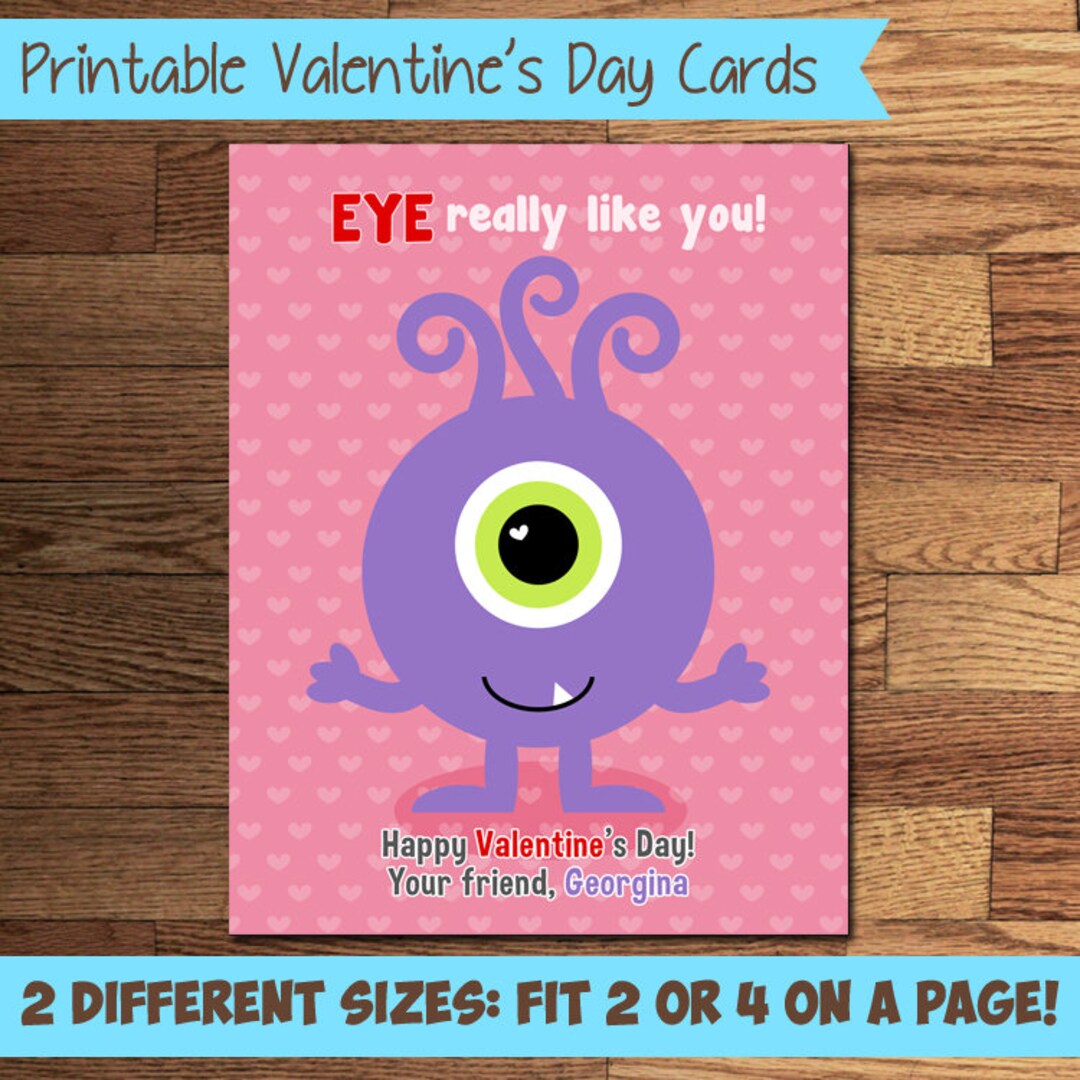 Monster Valentine PRINTABLE Cards Personalized Valentines Cards for ...