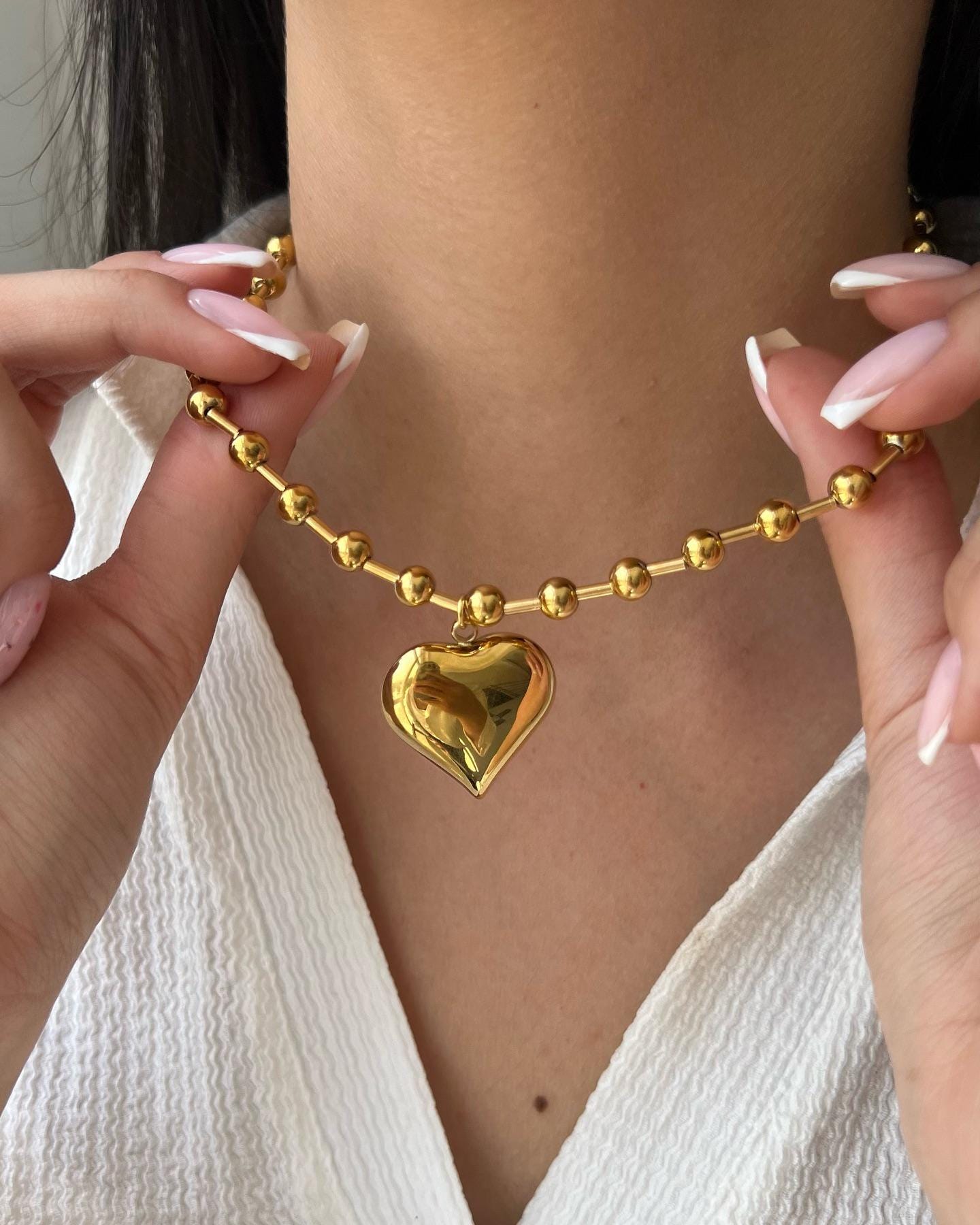 Chunky Grunge Gold Puff Heart Necklace, Y2k Golden Jewelry ...