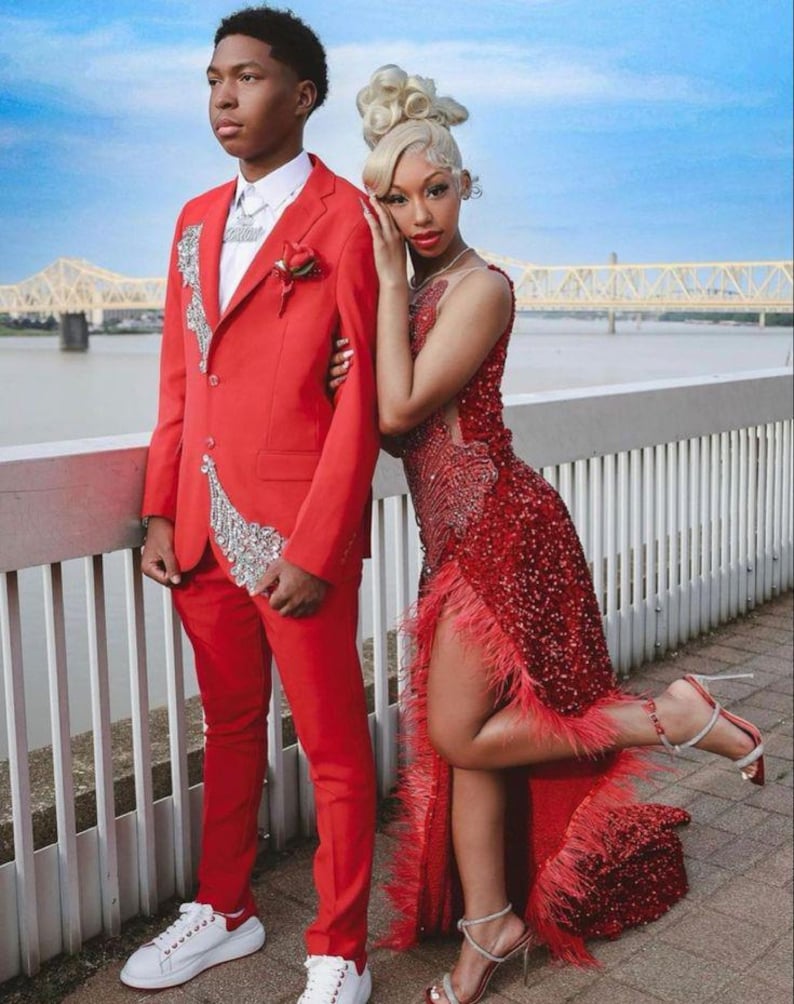 Red Mermaid Prom Dress Couple Set: Velvet Rhinestone Matching Outfit - Etsy