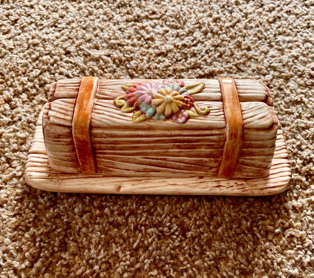 Rare Vintage (1979) Wooden Log & Daisy Design Ceramic Covered Butter ...