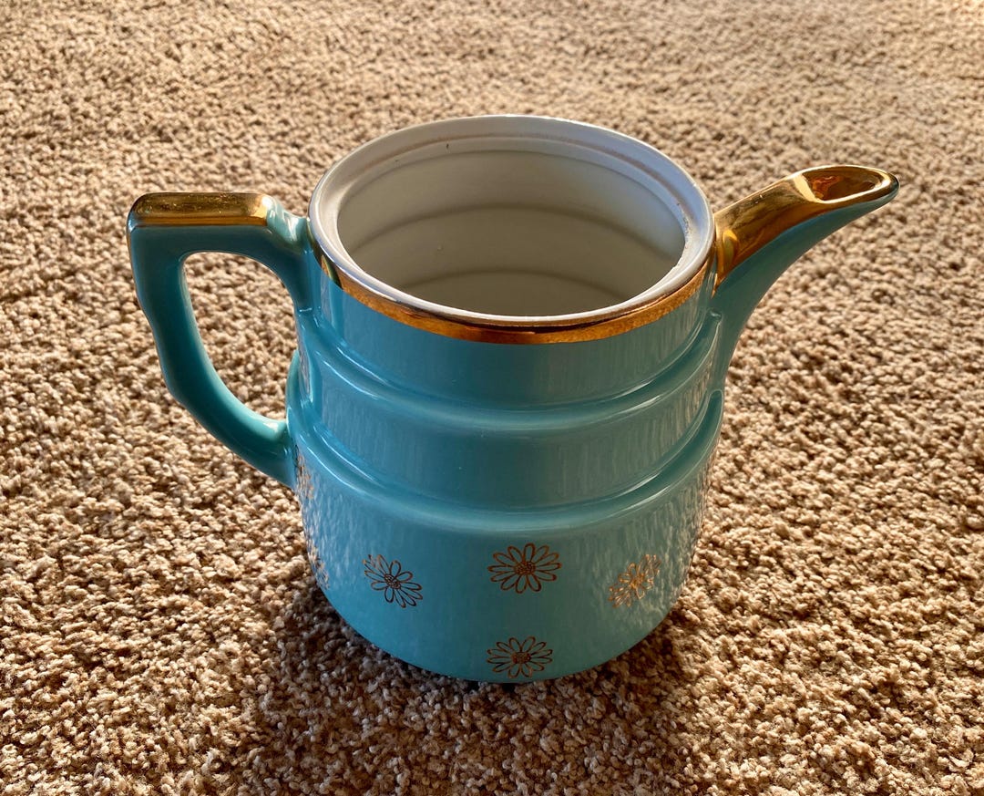 Vintage Hall's Teapot: 1950s Light Blue Kitchenware With Gold Flowers ...