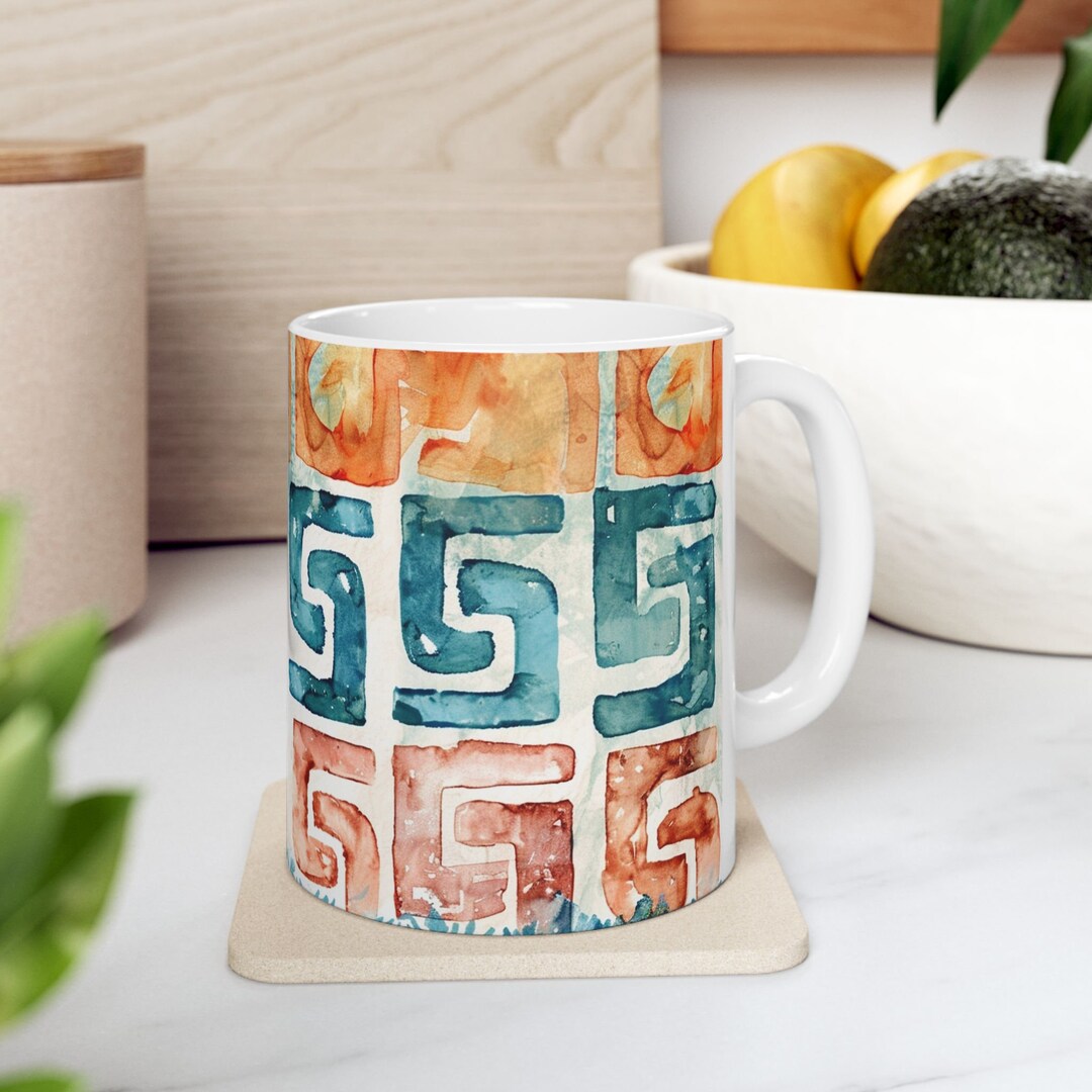 Greek Key Mosaic Mug Blue and Orange, Personalized Greek Mug, Greek ...