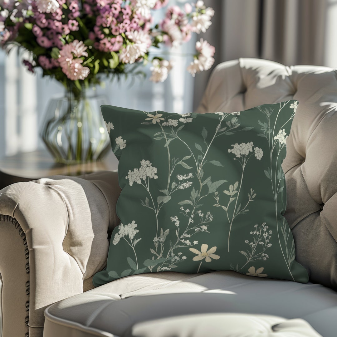Corrine Green Floral Throw Pillow Cover, Dark Cottagecore Botanical ...