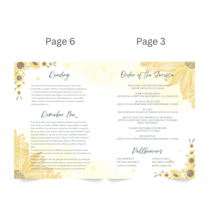 11x17 8 Page Yellow Sunflower Funeral Program Celebration of Life ...