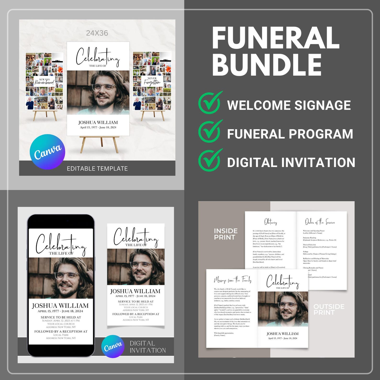 Funeral Photo Collage Poster 24x36 BUNDLE Celebration of Life Funeral ...