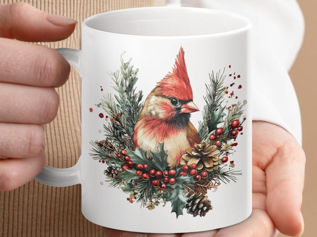 Cardinal Bird Mug With Christmas Pine and Berries, Holiday Coffee Cup ...