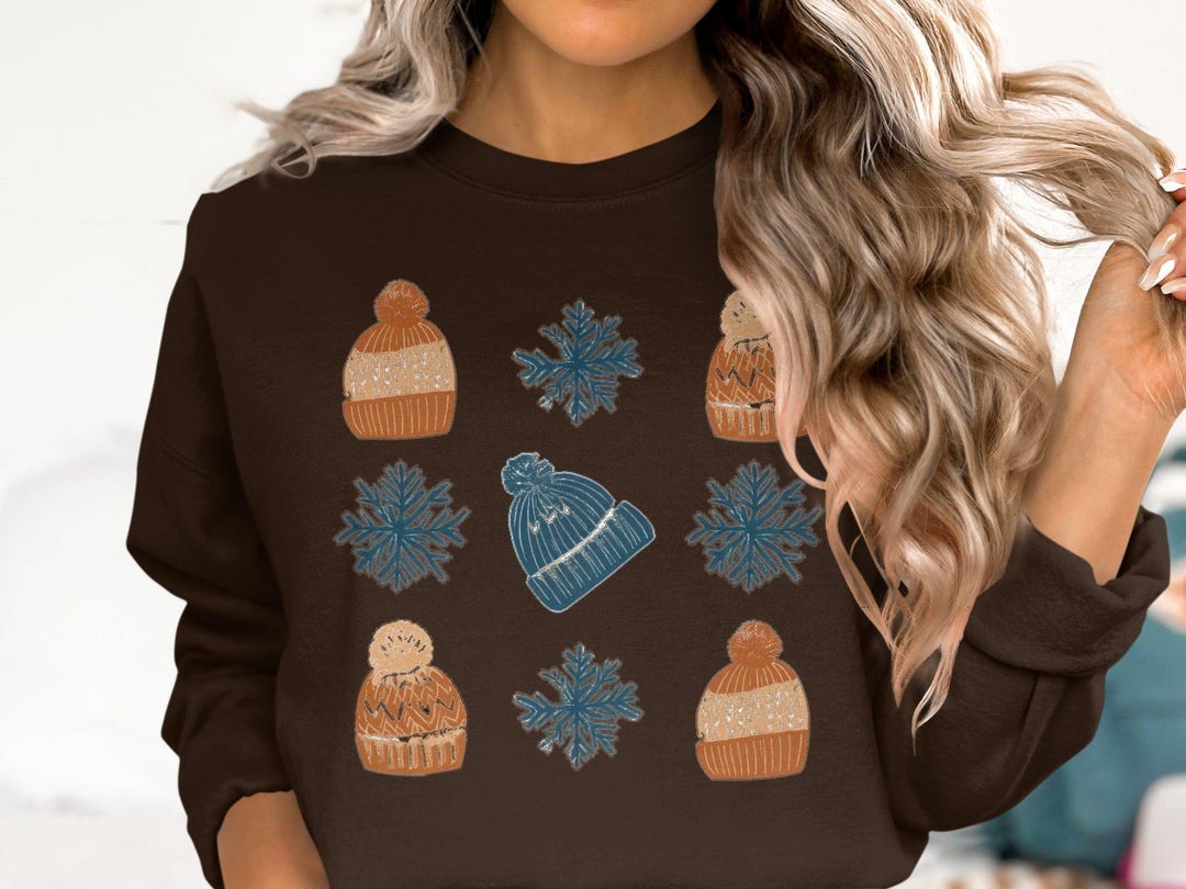 Cozy Winter Snowflake and Knit Hat Pattern Sweatshirt, Cute Winter ...