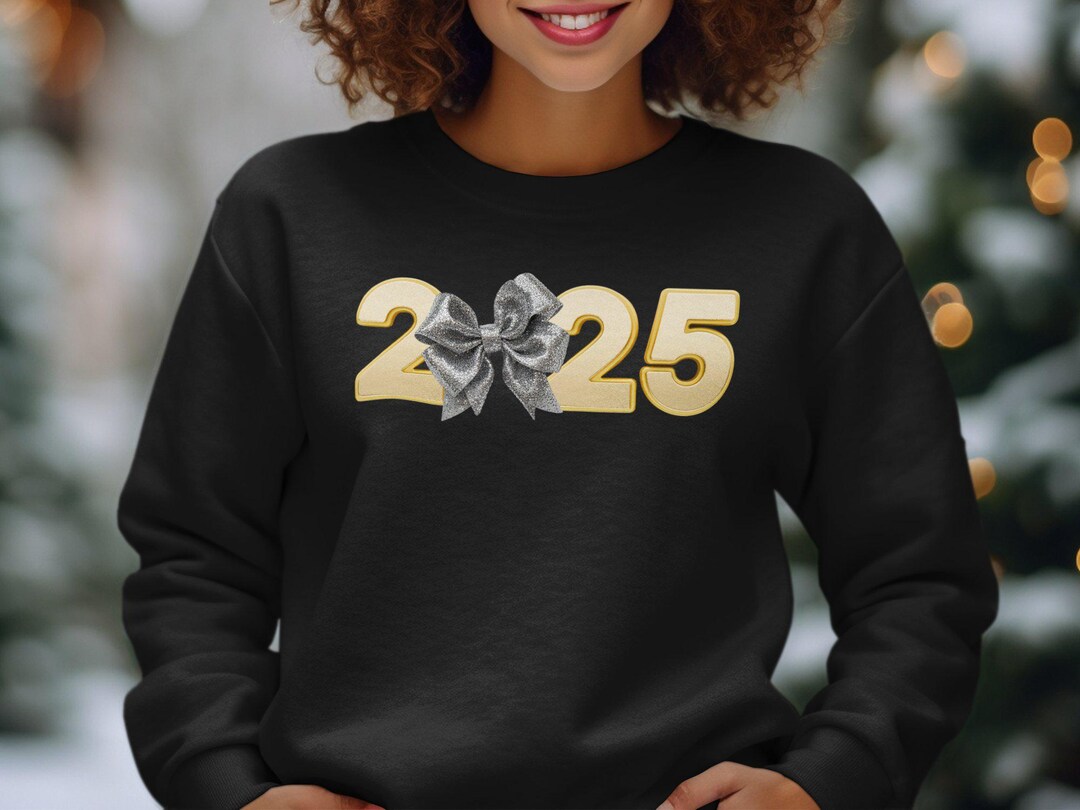 Women's 2025 Sweatshirt, 2025 Gold and Silver Bow Graphic Top, New Year ...