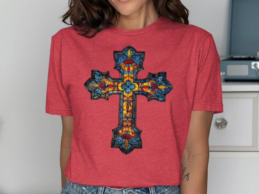 Stained Glass Cross Design T-shirt, Christian Faith Graphic Tee, Unique ...