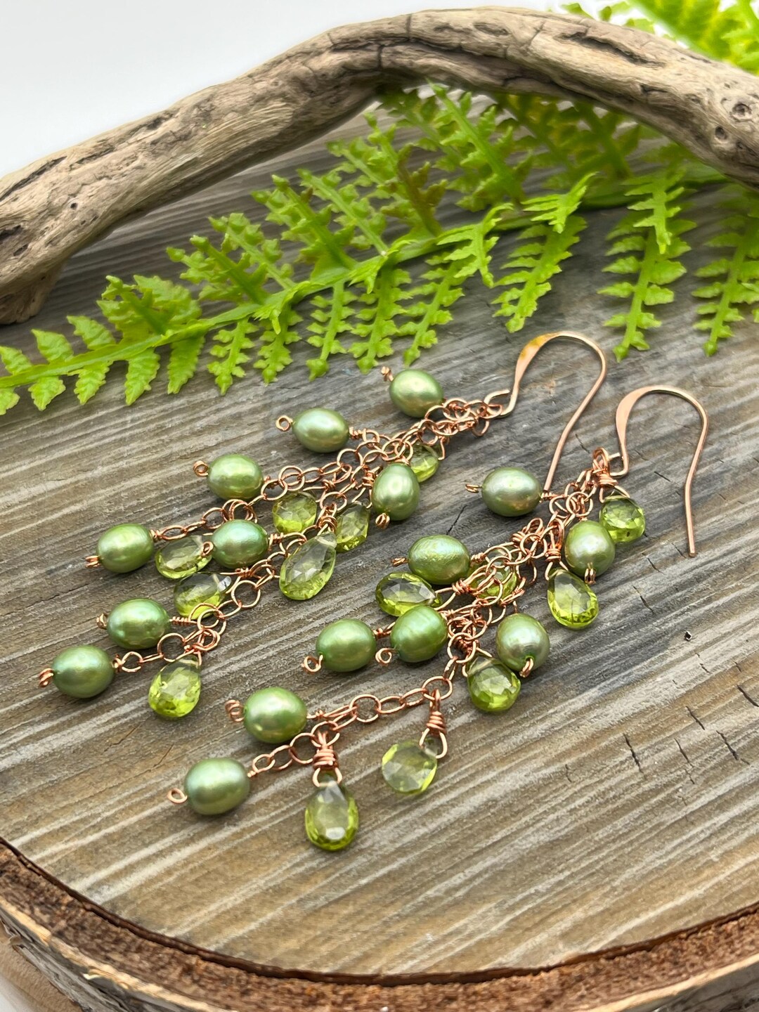 Pearls and Peridot Gemstone Earrings, Long Dangles, Copper Wire Jewelry ...