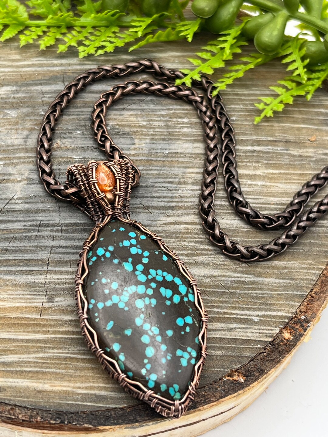 Turquoise Sunstone Gemstones Copper Wire Wrapped Necklace, Pendant ...