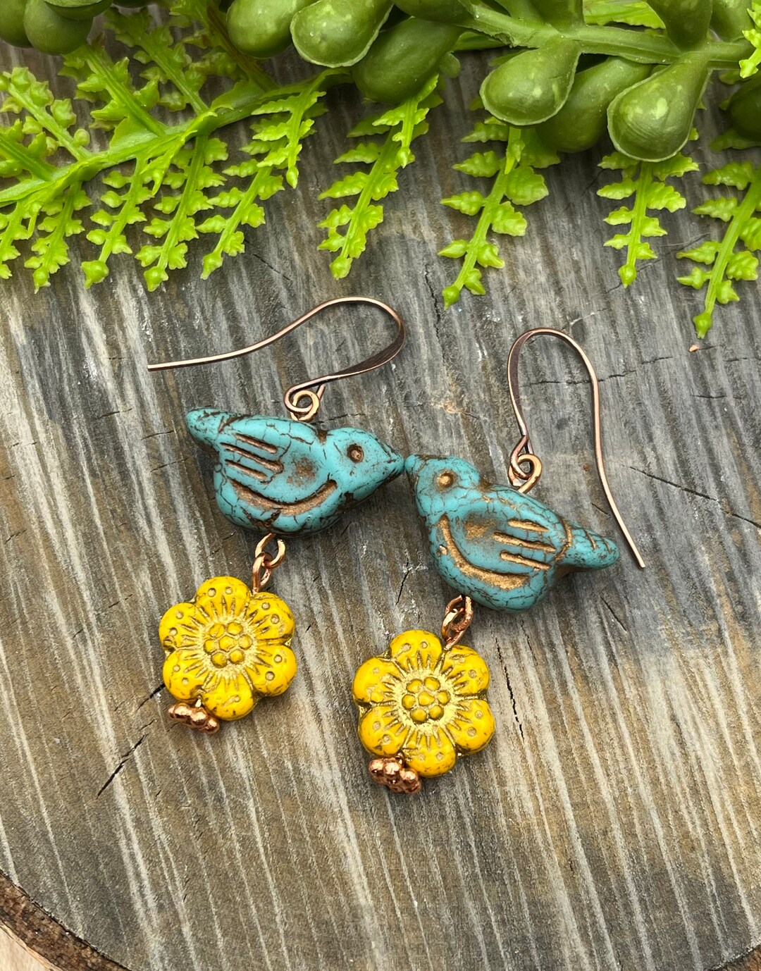 Blue Bird and Sunflower Earrings, Czech Glass, Artisan Jewelry Dangle ...