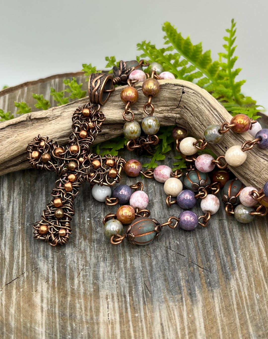 Pastel Rosary Style Copper Wire Wrapped Pendant Necklace: Artisan ...