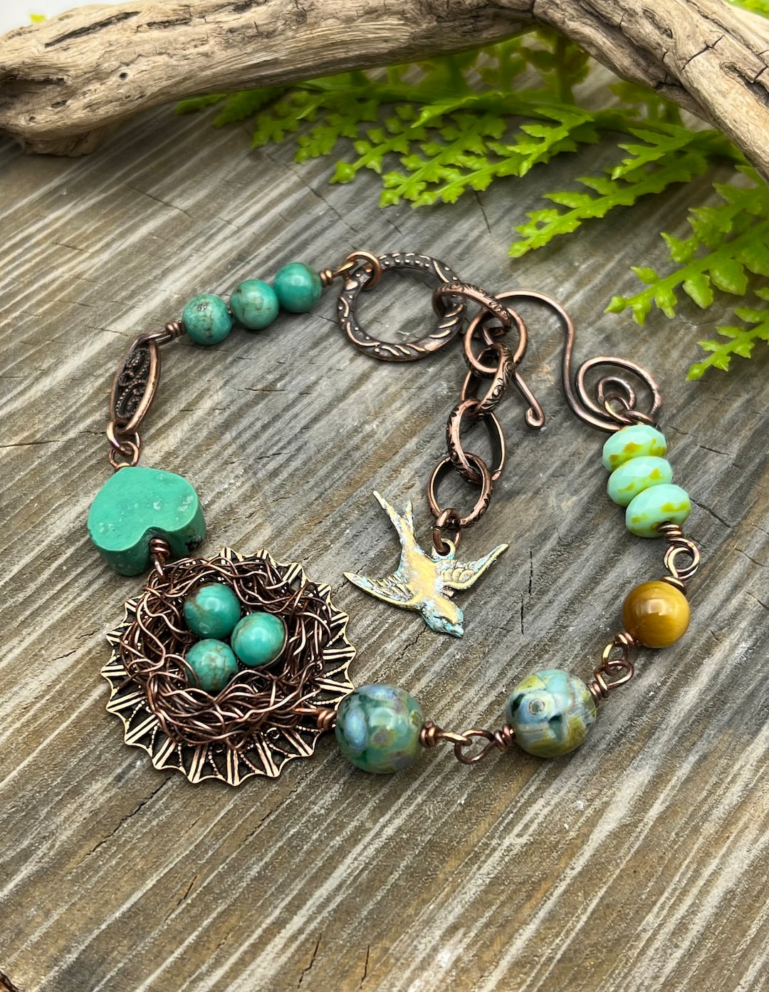 Bird Nest Charm Bracelet, Turquoise Eggs and Heart, Antique Copper ...