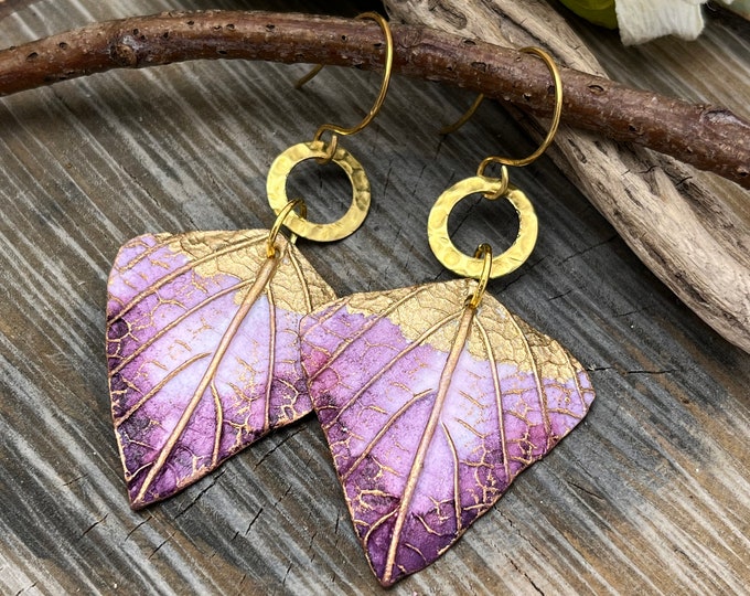 Leafy Lavender Gold Hammered Hoops Lightweight Artisan Jewelry Dangle ...