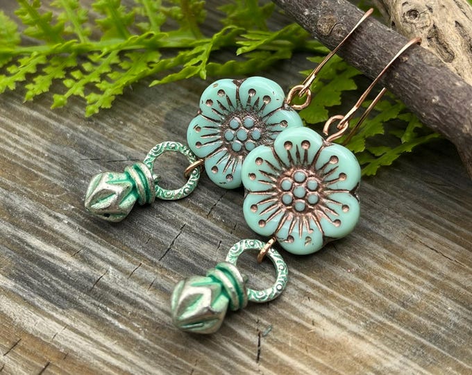 Blue Blossom Earrings, Czech Glass, Artisan Jewelry Dangle, Made in the ...