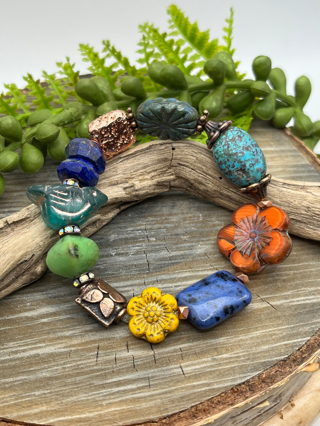 Blue Bird Gemstone and Czech Glass Beaded Stretch Bracelet, Free USA ...