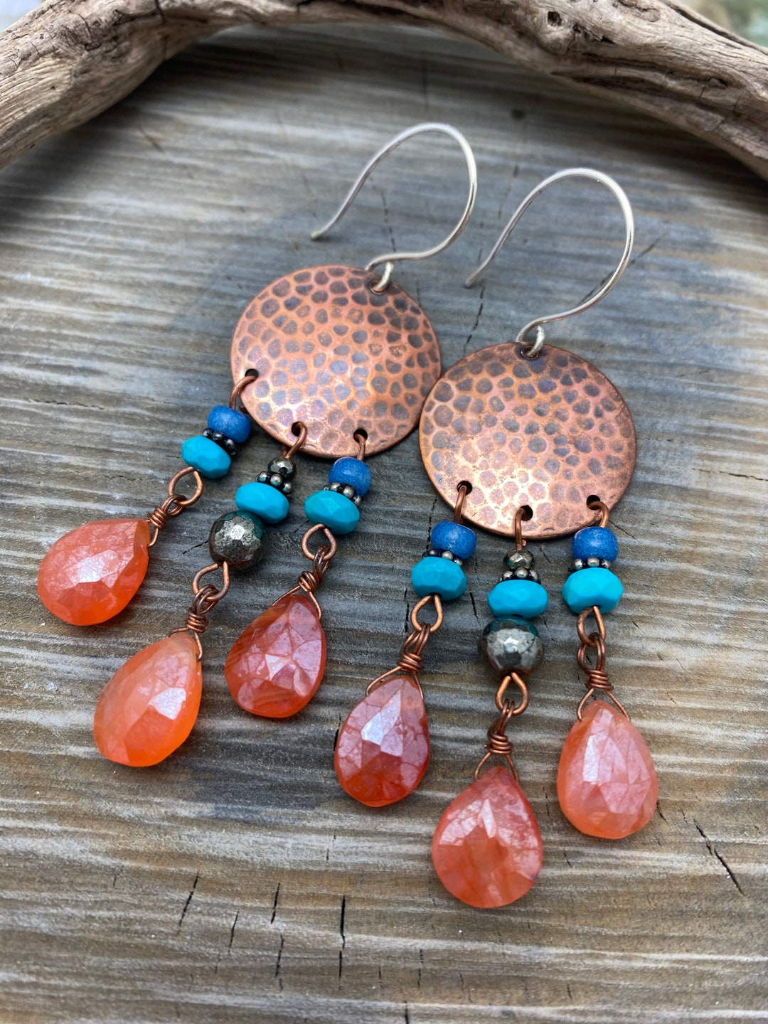 Hammered Copper Gemstone Earrings Turquoise Faceted - Etsy