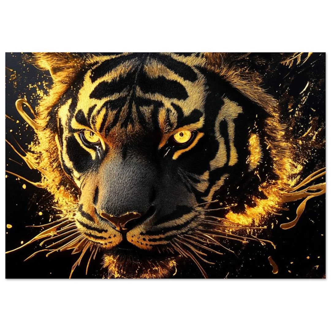 Fiery Black and Gold Tiger Face Poster – Bold and Powerful Tiger Art ...