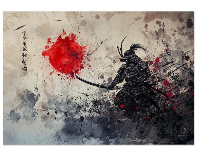 Samurai Rider in Black Ink With Red Sun Japanese Art Poster 18x24in - Etsy