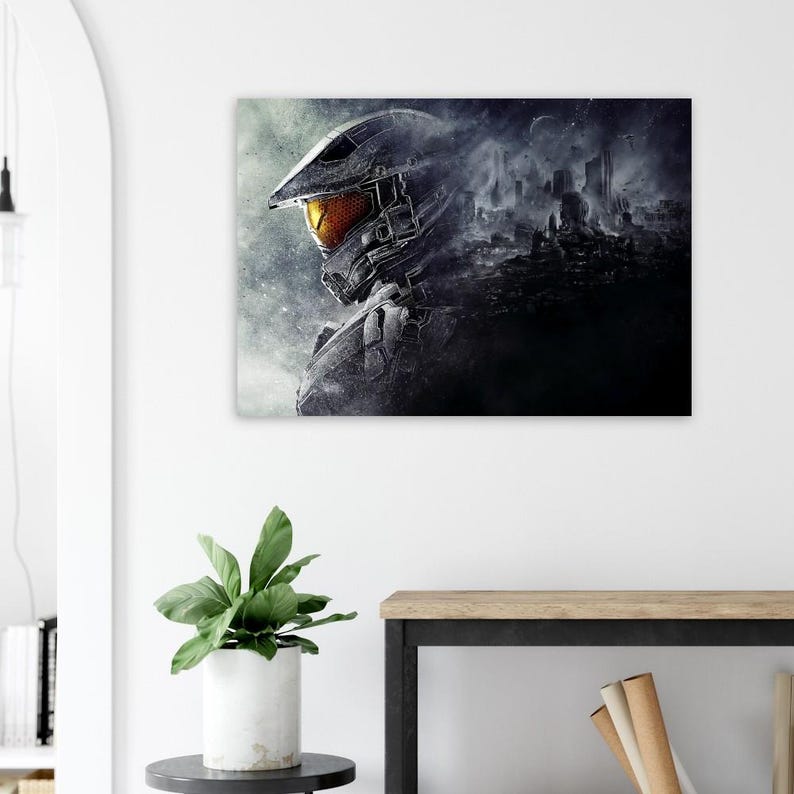 Halo Master Chief Poster – Iconic Sci-fi Hero in Futuristic Cityscape ...