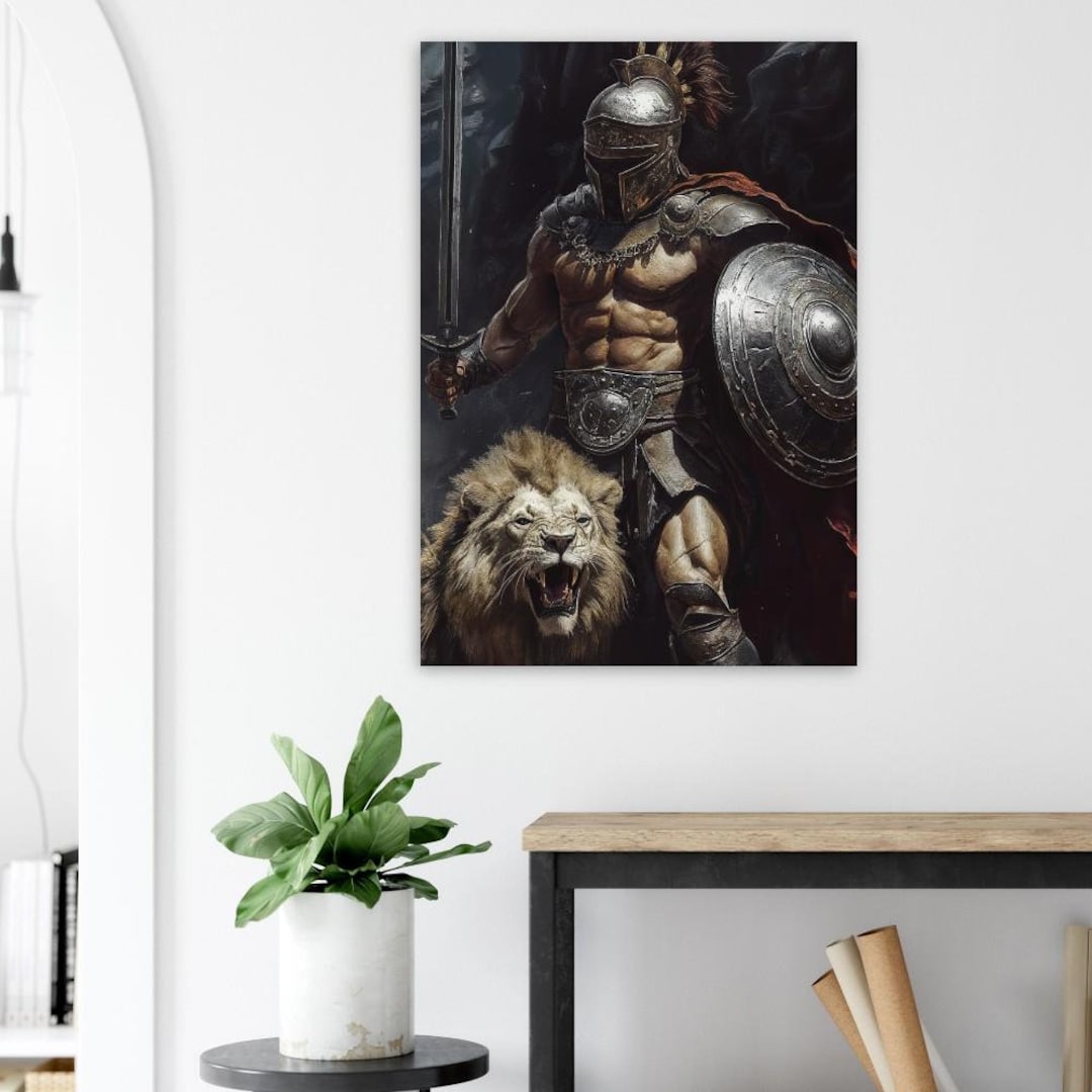 Gladiator and Lion Epic Battle Poster - Fierce Warrior Fighting ...