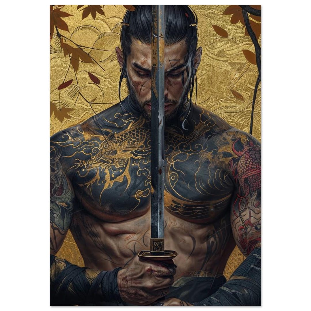 Muscular Samurai Portrait Poster - Traditional Japanese Art and ...