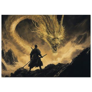 Samurai Warrior in Full Armor Facing a Dragon Spirit Poster - Dark ...