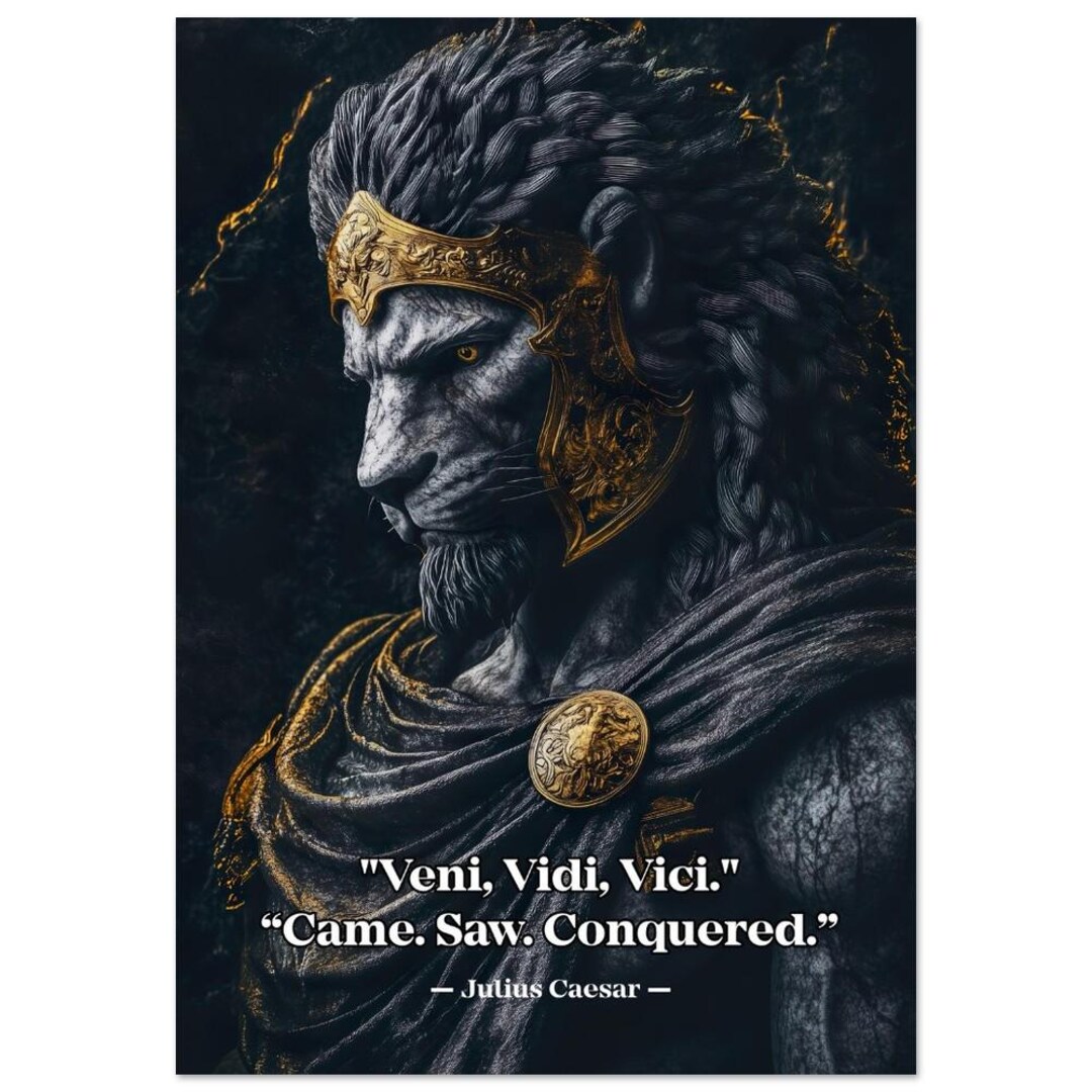 Lion Warrior Spartan Poster Black and Gold, Julius Caesar Quote "veni ...