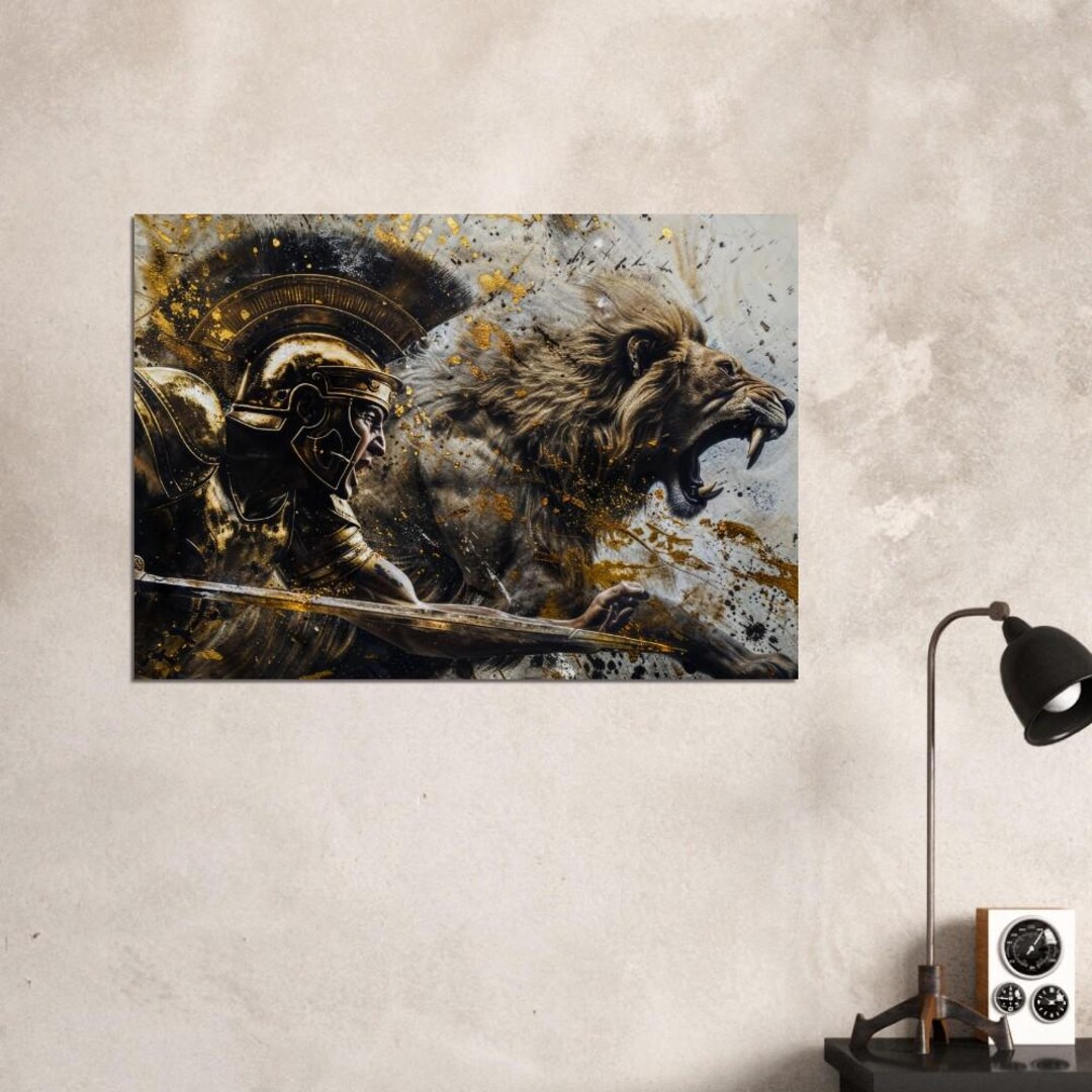 Roman Legionnaire Warrior With Majestic Lion in Black and Gold Art ...