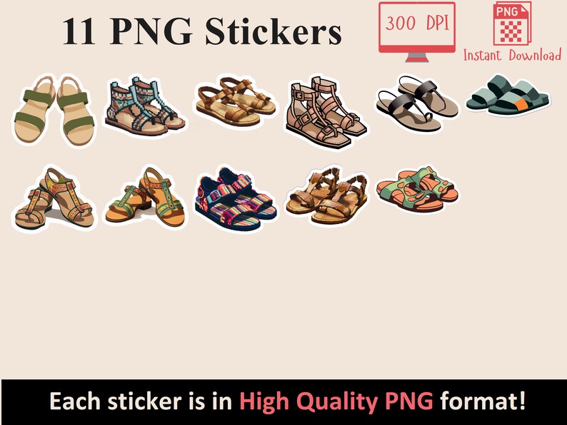 Sandals PNG Stickers Set, 11 Summer Footwear Designs, Beach Sandals ...