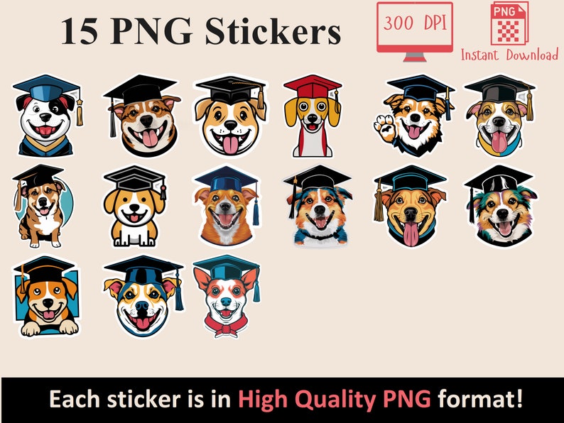 Dog in a Graduation Cap PNG Stickers Set, 15 Graduation Dog Designs ...