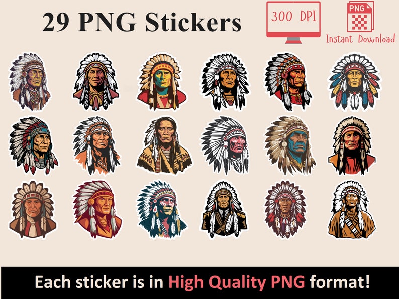 Native American Chief PNG Stickers Design, 29 Tribal Clipart, Instant ...