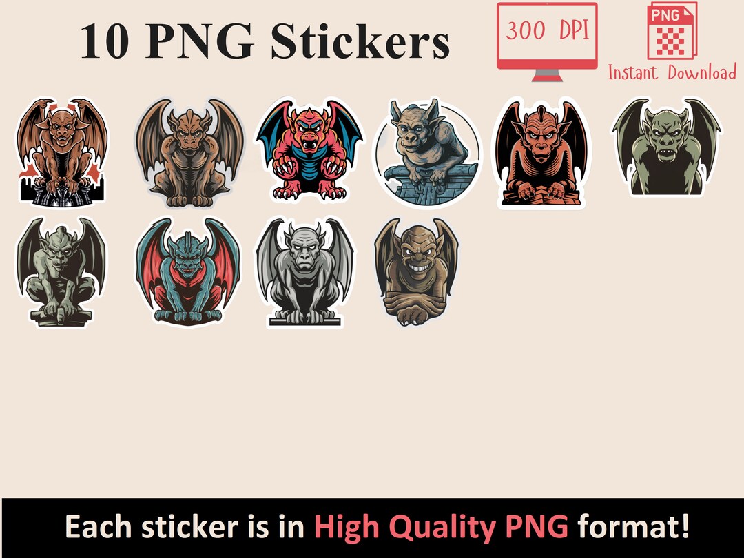 Gargoyle PNG Stickers Bundle, 10 Gothic Designs, Printable Stickers ...