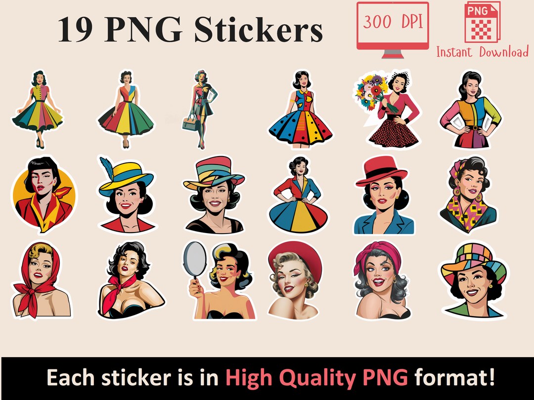 Vintage Pinup Woman Dress, Hat PNG Stickers Design Bundle, 19 Stylish ...