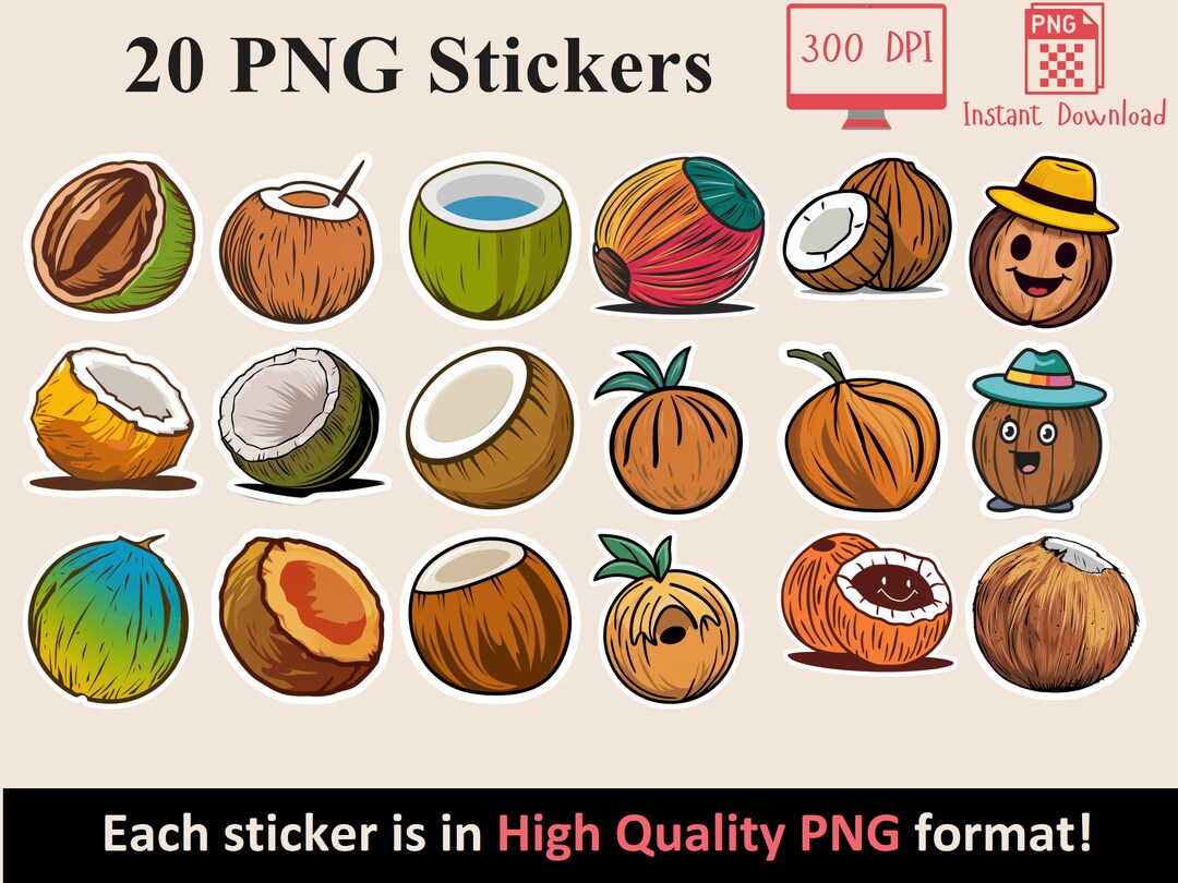 Coconut PNG Stickers Design Bundle Tropical Treats, Coconut Delights - Etsy