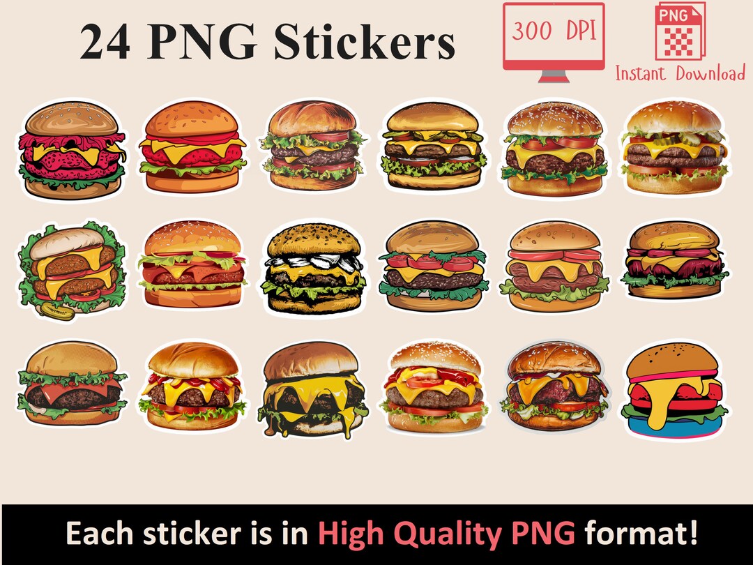 Cheeseburger PNG Stickers Design Bundle Juicy Bites, Delicious Burger ...