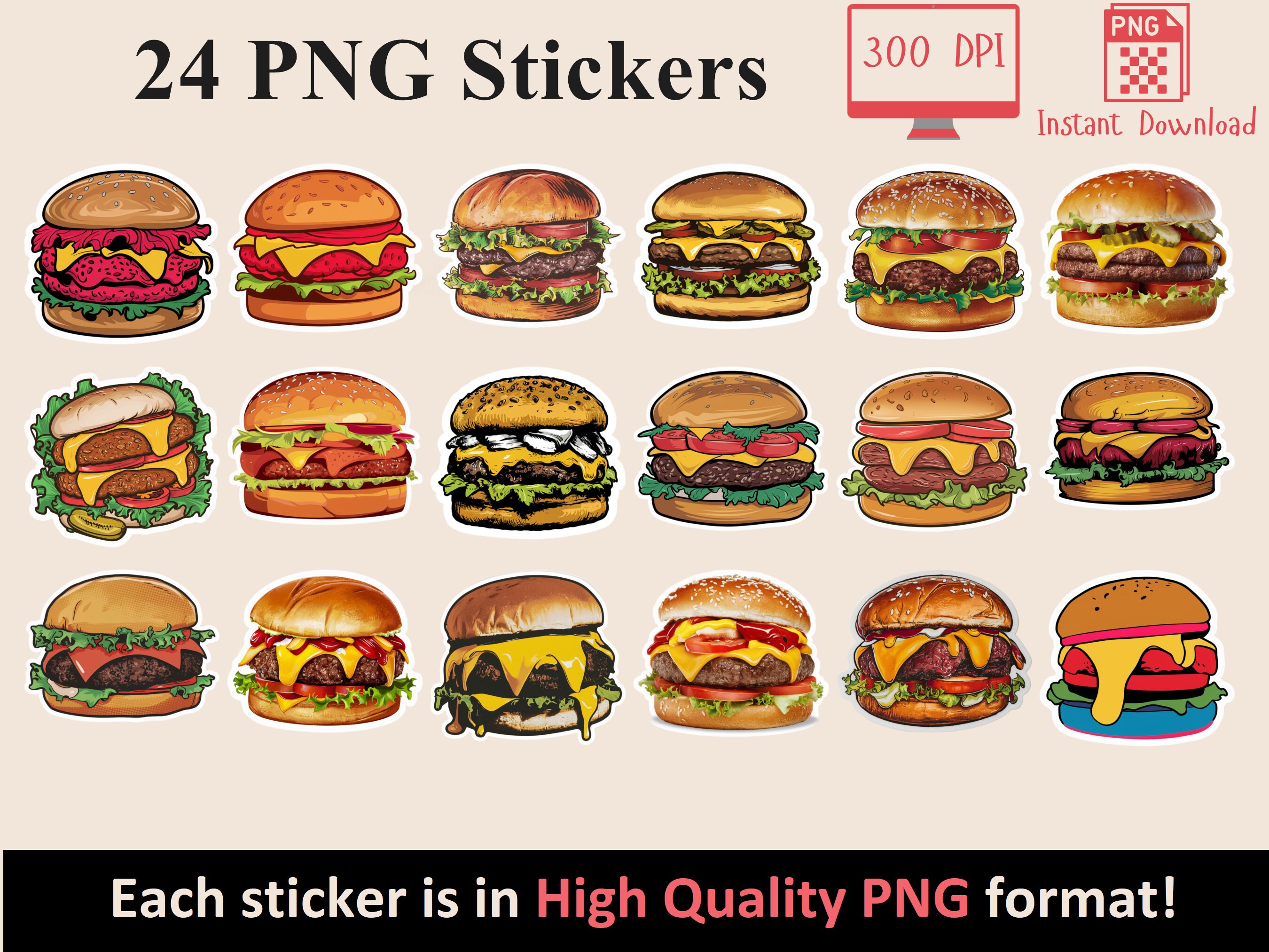 Cheeseburger PNG Stickers Design Bundle Juicy Bites, Delicious Burger ...
