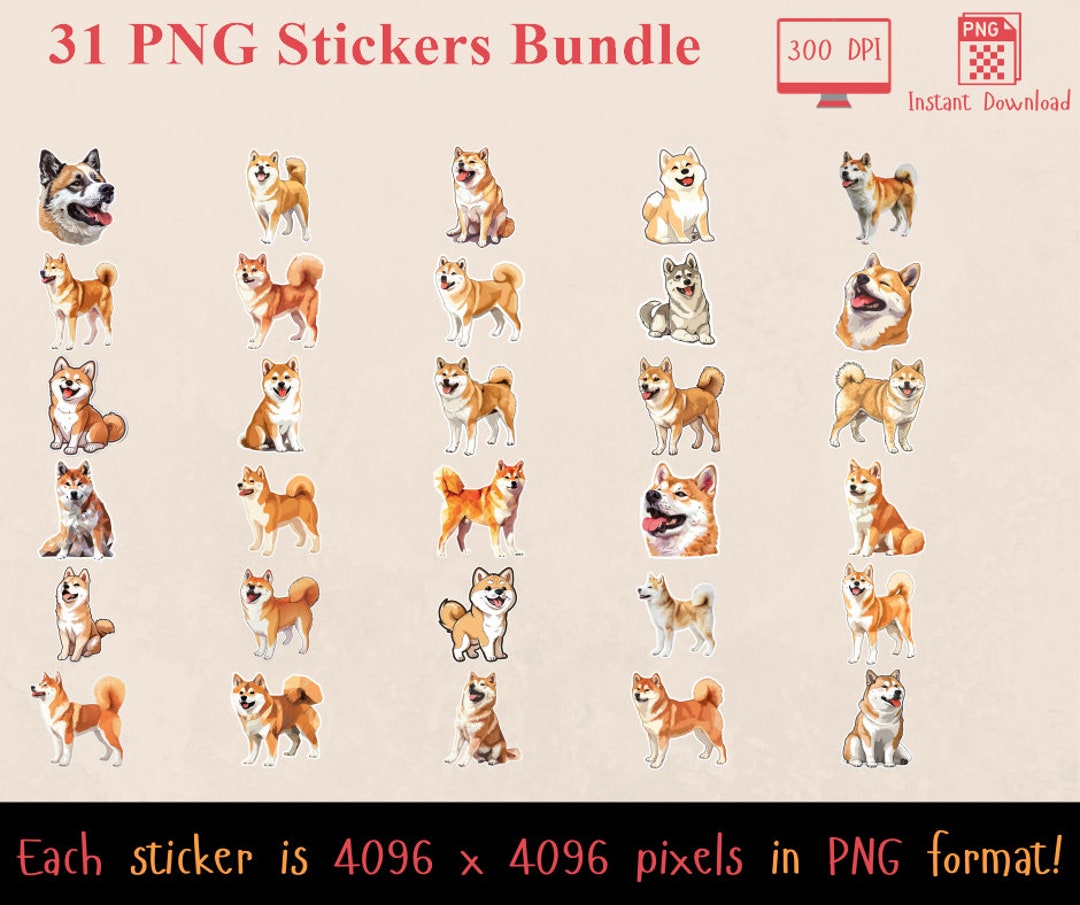 Akita Dog Stickers PNG Bundle, Printable Akita Designs, Instant ...